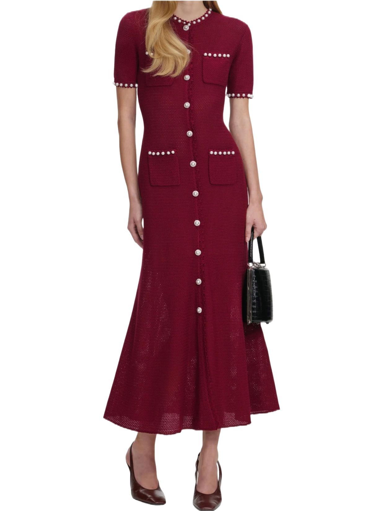 SELF-PORTRAIT Self-Portrait Knit Midi Dress with Faux Pearl Trim